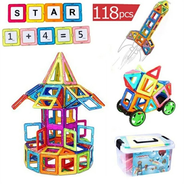 ・豊かなセット内容: 118pcsのセットには、磁石ブロック収納専用ケース×一個、40pcsの三角形、28pcsの正方形、2pcsの六角形、2pcsの台形、4pcsの長三角形,、26pcsのアルファベットプレート（非磁性）、16pcsの数字...
