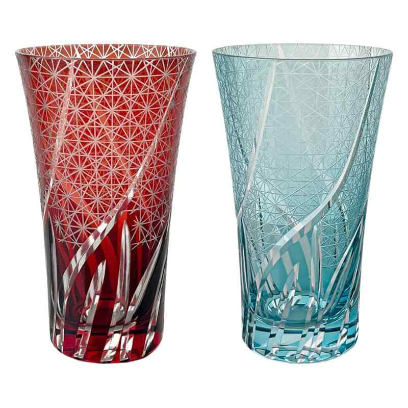 J-kitchens 郷愁 切子 ペアー グラス カップ ロング Φ8.6×14.8cm 400cc 乱彫小紋 空色 ＆ レッド 美匠 Current Model生産地：中国素材・成分：ガラス/切子細工パッケージ：ペアー箱生産地：中国● 急...