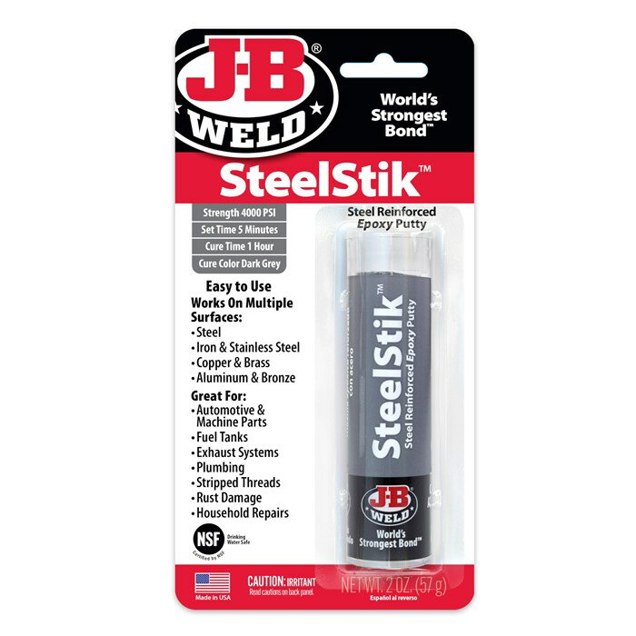 商品説明 JB Weld SteelStikは、金属補修に特化したスティックタイプのエポキシパテです。 練り合わせるだけで硬化が始まり、割れ・穴・摩耗部を強力に補修します。 耐水・耐熱性に優れ、屋内外問わず使用できます。 主な特徴 ・金属専...