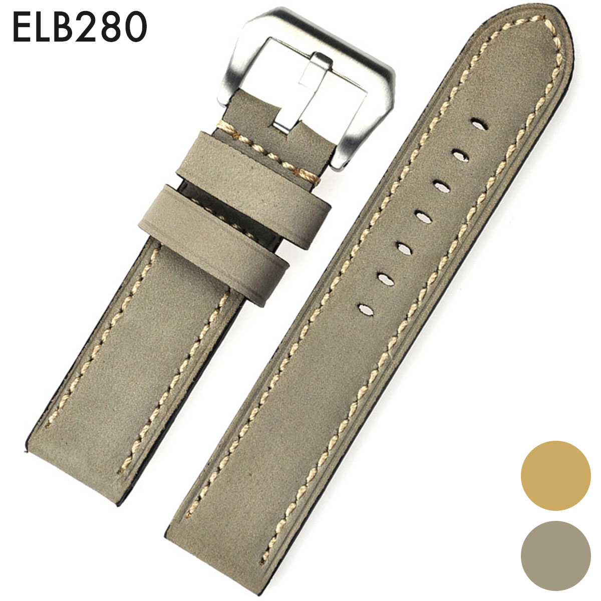 ご購入前の注意 配送方法 商品説明 品番ELB280素材レザーサイズ展開22mm/24mm尾錠幅: 22mm/24mmカラー展開ベルトカラー:グレーベージュ/カーキブラウンバックルカラー:シルバー/ブラック取付部形状ストレート長さ尾錠側80...