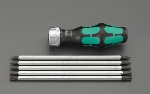 仕様：●メーカー:Wera●型番:※ESCOオリジナルセット品●:6点セット●ビットサイズ:T6×T8・T7×T9・T10×T15・T20×T25・T30×T40●ラチェット式ドライバーハンドル:115mm●差込六角対辺:6mm●送り角:8...