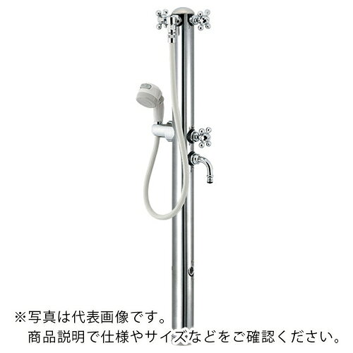 特長：上段：湯水混合　ペット用の洗い流し、泥落としに最適本体横：水専用　554-503ホースドラムなどに接続すると水やりに最適ホース長さ0.8m注意　2ハンドル湯水混合栓柱です。ご使用の際、熱湯吐出にご注意ください。仕様：ステンレス双口シャ...