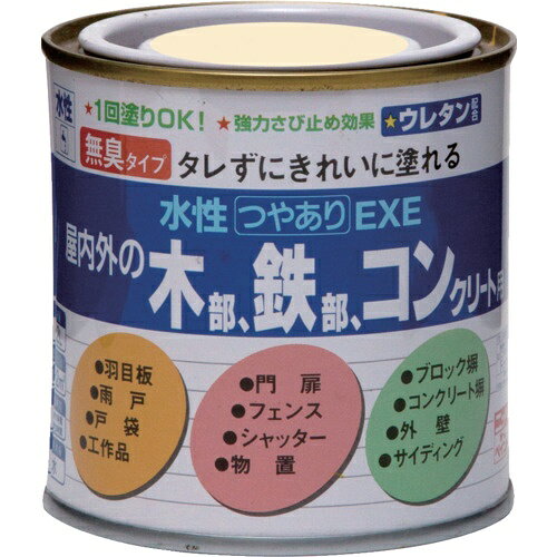 特長：タレずに塗れる、1回塗りの水性ツヤあり塗料です。イヤな臭いのない無臭タイプの塗料です。乾きが早く、乾くと日光や雨に強い塗膜となります。用途：屋内外の鉄部・木部・コンクリートなど、広い用途に使えます。仕様：色：アイボリー容量(L)：0....