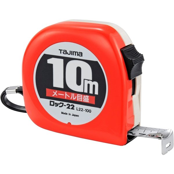 ●テープを固定できる、ロックタイプ ●0点補正移動爪 ●ショックアブソーバー付 [仕様] 目盛仕様：メートル目盛、JIS1級 テープ幅：22mm テープ長さ：10m ヨンゴーゴーピッチ表示付 ストラップ付 大型ベルトクリップ付 爪飛び防止用...