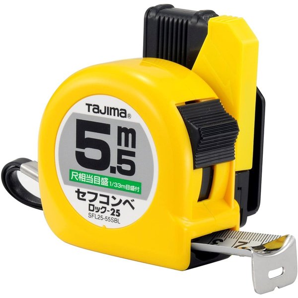 ●片手で簡単脱着できる、落下防止用ベルトホルダー付 ●テープを固定できる、ロックタイプ ●0点補正移動爪 ●ショックアブソーバー付 [仕様] 目盛仕様：尺相当目盛 テープ幅：25mm テープ長さ：5.5m ヨンゴーゴーピッチ表示付 ストラッ...