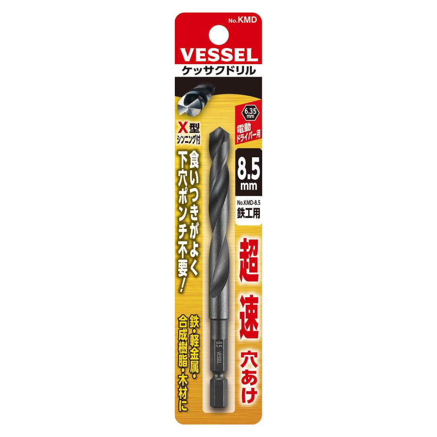 ●先端と根元で角度が違う変則らせんで切粉の排出が良く作業性がアップ。 ●X形シンニングで食い付き性がよく、下穴ポンチ不要。 [仕様] 刃先区分：ドリル 丸軸径：8.5mm ドリル溝長：70mm 本体全長：114mm 本体重量：28g