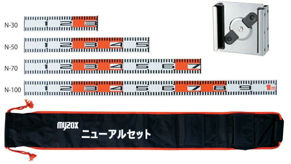 使いやすいアルミ製のニューアルロッド4タイプに検測金具を付けた便利な標尺 セットです。 専用ケースですっきり収納できます。 ■仕様 ●ロッド幅：60mm ●厚さ：6mm ●本体素材：アルミ製 ●セット重量：1,248g ●セット内容：N-3...