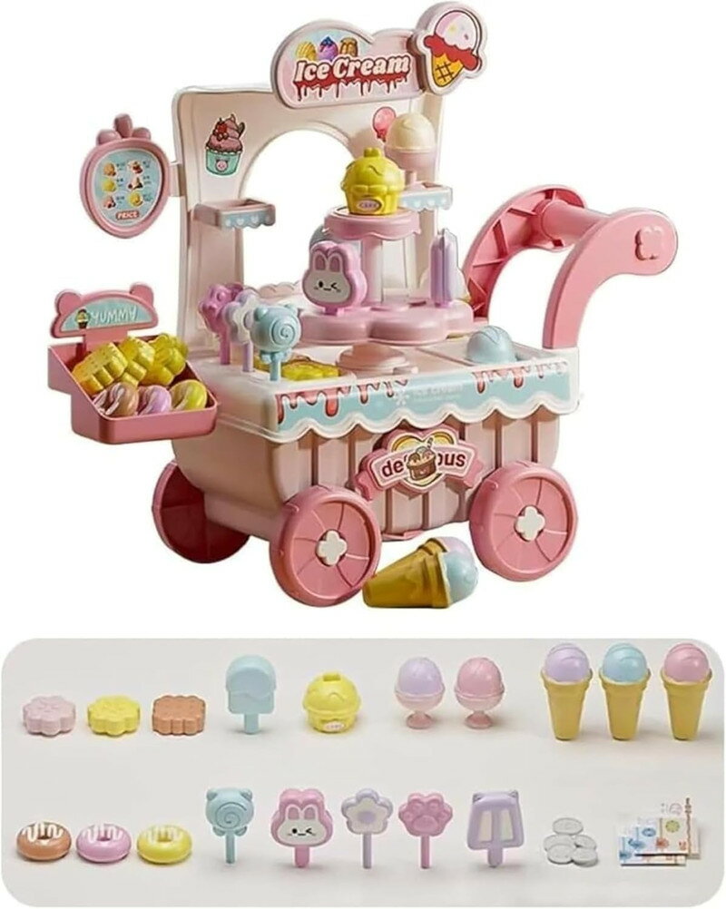 38点充実セット！DIYで無限のごっこ遊びが楽しめる 38点の豊富なアイスクリームパーツ、容器、メニューカードなどをセットで提供。お子さまは自由に組み合わせてDIYアイスクリームを作ることができ、想象力を膨らませながら、いつでも新しいごっこ...