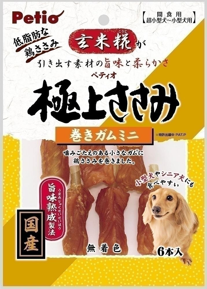 やわらかく仕上げた低脂肪の鶏ササミをかみごたえ抜群の棒ガムミニサイズに巻きました。良質たん白質たっぷりの贅沢なササミ巻きスナック。