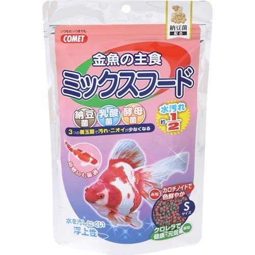 金魚、鯉が健康に育つバランス栄養フード。納豆菌を添加することで消化吸収や排泄物の分解が高めました。クロレラエキスを配合した緑粒とカロチノイドを配合した赤粒をミックスした栄養フード原材料：フィッシュミール、小麦粉、酵母、脱脂大豆、小麦麦芽、カ...