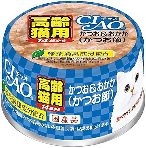 歯の弱くなってきた愛猫にも食べやすいペーストタイプ。オリゴ糖、タウリン、キトサン入り。高齢猫用。原材料：かつお、かつお節、オリゴ糖、増粘剤（加工でん粉）、増粘多糖類、ビタミンE、タウリン、キトサン、紅麹色素、緑茶エキス。
