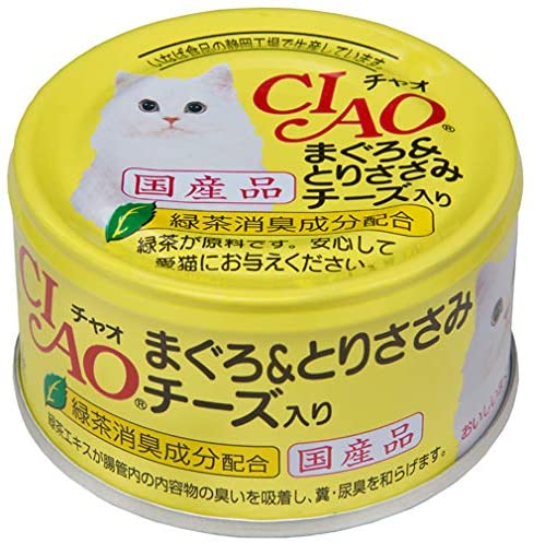まぐろ血合肉＆とりささみに、小さな角切りチーズを加えました。ロングセラー商品が、おいしいマグロエキスを加えてリニューアル原材料：まぐろ、鶏肉（ささみ）、チーズ、まぐろエキス、増粘多糖類、ビタミンE、緑茶エキス。