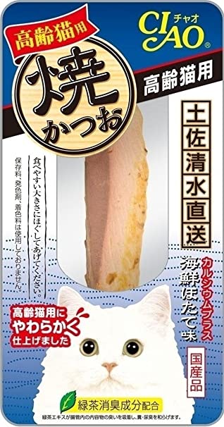 素材の旨味を逃がさず、焼き上げました。ジューシーなカツオで愛猫大喜び。原材料：宗田鰹、ほたてエキス、増粘剤（加工でん粉）、増粘多糖類、ミルクカルシウム、ビタミンE、緑茶エキス。