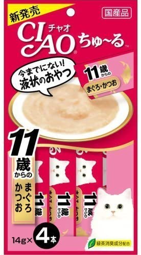 お魚とお肉がベースのペーストタイプ。今までにない、液状のおやつ。原材料：まぐろ、かつお、まぐろエキス、タンパク加水分解物、コラーゲンペプチド、糖類（オリゴ糖類）、ミネラル類、増粘多糖類、調味料（アミノ酸等）、ビタミンE、緑茶エキス、紅麹色素。
