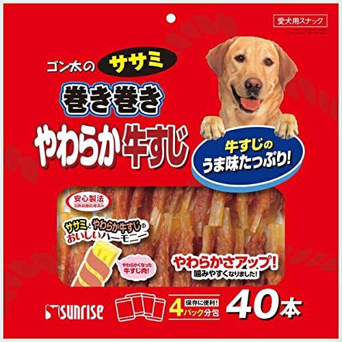 やわらかな噛み応えの牛すじにしっとりササミを巻いた、嗜好性の高いスナックです。長時間噛み続けることができ、噛むことでストレス解消・歯の健康維持にも役立ちます。原材料：肉類（鶏ササミ、牛筋等）、ミネラル類（塩化ナトリウム）、乳化剤、増粘安定剤...