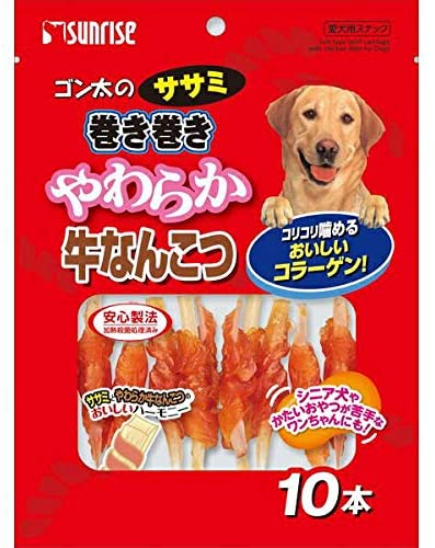 コラーゲン豊富なやわらか牛なんこつにしっとり鶏ササミを巻きました！。やわらかタイプなので、シニア犬やかたいおやつが苦手なワンちゃんにもおすすめです。原材料：肉類（鶏ササミ、牛なんこつ等）、増粘安定剤（グリセリン）、保存料（ソルビン酸カリウム...