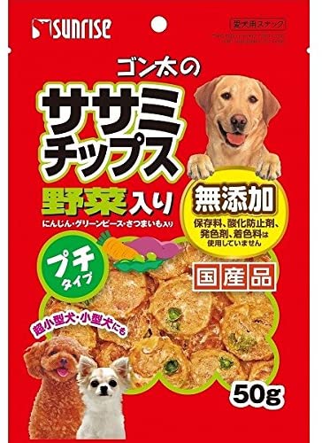 添加物をできるだけ使用せず仕上げたササミチップス、プチタイプ。野菜入り。手軽に与えられるので、おやつやしつけのごほうびにおすすめです。原材料：肉類（鶏ササミ等）、豆類、野菜類（にんじん、グリーンピース等）、でん粉類、いも類（さつまいも等）、...