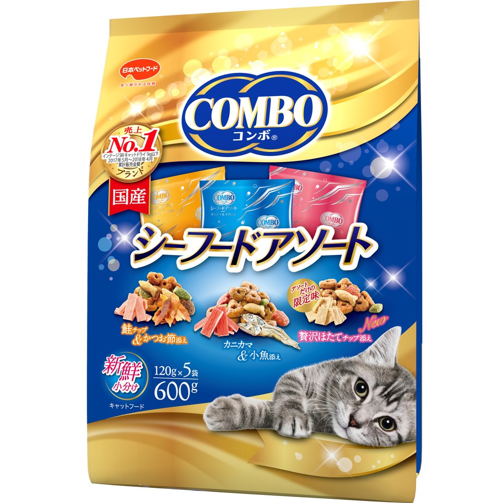 シーフードの色々な味が楽しめる3種アソート。アソートだけの限定味もプラスされた新鮮小分け5袋入り。原材料：カニカマ＆小魚添え：穀類（トウモロコシ、コーングルテンミール、小麦粉、パン粉）、肉類（チキンミール、牛肉粉、豚肉粉）、魚介類（小魚、フ...