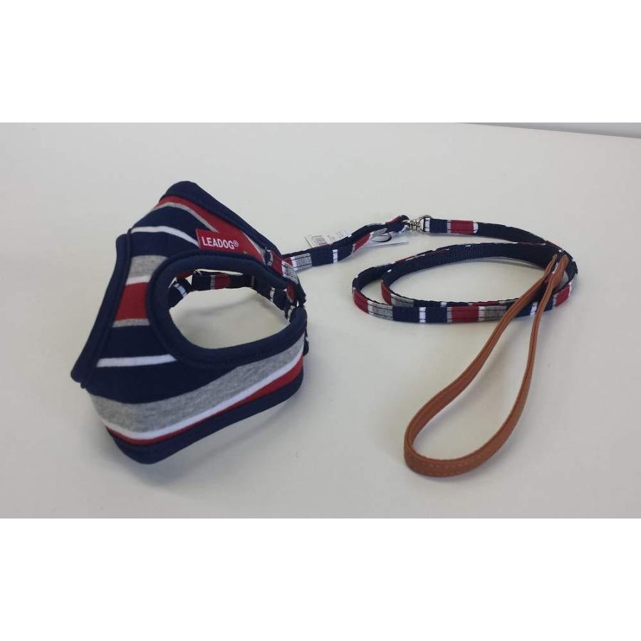 犬用胴輪付きリード。原材料：ナイロン。幅×奥行×高さ=100×30×1200(mm)。ボーダー柄の犬用ソフト胴輪付きリード。