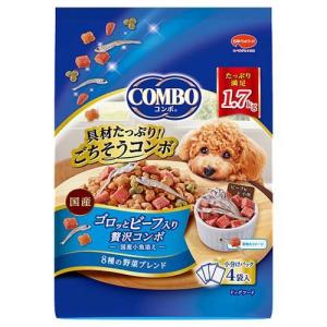 具材たっぷりごちそうコンボ！ホロホロ食感粒。愛犬が大好きなビーフ粒がゴロゴロと入った贅沢なコンボ。原材料：穀類（トウモロコシ、小麦粉、脱脂米糠、コーングルテンフィード、小麦タンパク）、肉類（チキンミール、チキン、ビーフ、牛肉粉、豚肉粉、チキ...
