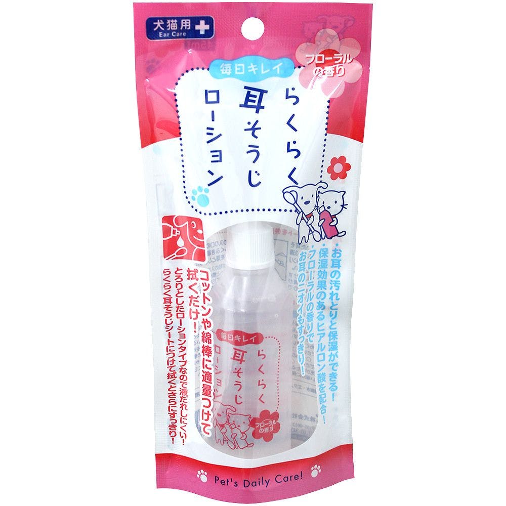 コットンや綿棒に適量つけて拭くだけ。原材料：製氷水、エタノール、グリセリン、柿タンニン、ヒアルロン酸、粘土調整剤、香料。幅×奥行×高さ=90×32×190(mm)。低刺激タイプでお耳にやさしく汚れもにおいもしっかり除去。