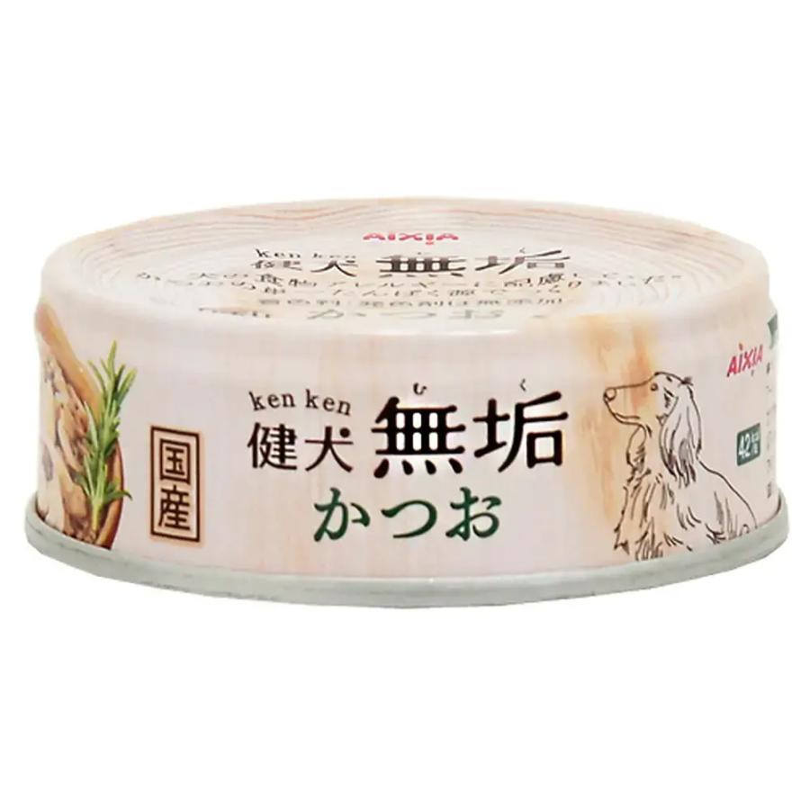 犬の食物アレルギーに配慮して単一たんぱく源仕立て。原材料：カツオ。幅×奥行×高さ=77×77×28(mm)。犬の食物アレルギーに配慮して、まぐろの単一たんぱく源仕立て。着色料・発色剤は無添加。水煮タイプ。