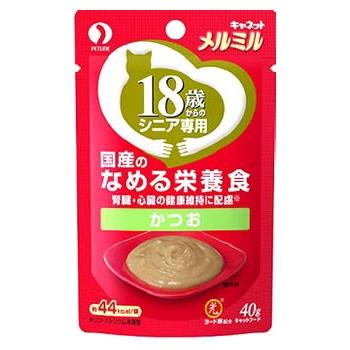 18歳からのシニア猫専用のなめて食べられる国産の総合栄養食パウチ。