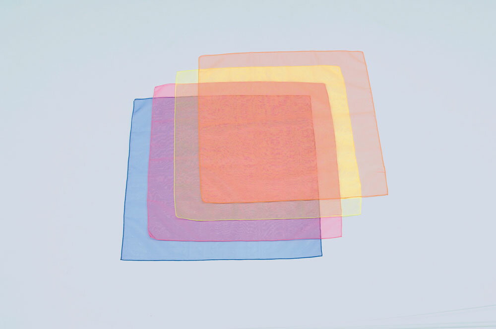 上空からゆったりとした動きで落ちてきますから、子供から大人まで上に投げてキャッチしたり、交互に投げたりと身体機能の向上に楽しく参加することができます。4枚1組（青・ピンク・オレンジ・イエロー各1枚）。サイズ：約60×60cm。素材：ナイロン。