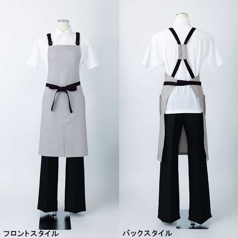 ●製品紹介情報 使用素材 ボーダーツイル ポリエステル90%　綿10% 機能 肩ひも長さ調節式 胸当て巾 丈 ウエストまわり すそまわり スリット丈 肩ひも長さ 肩ひも巾 腰ひも長さ 腰ひも巾 F 24cm 85cm 68cm 68cm 2...