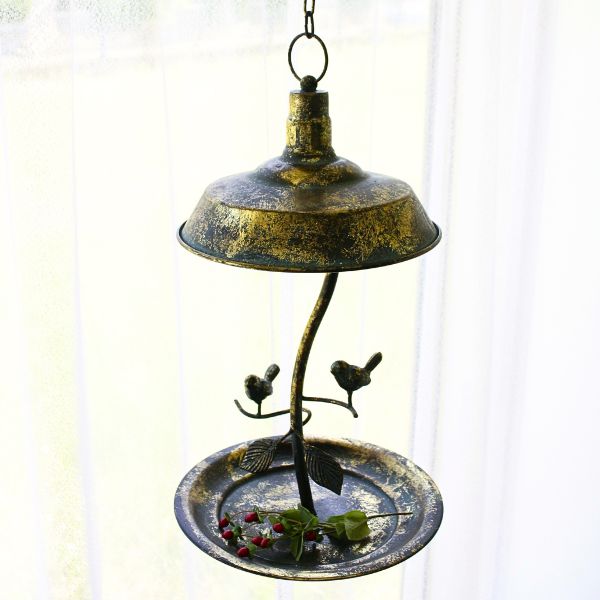 バードバス 小鳥たちを呼ぶためのバードバスは アイアン製のレトロな雰囲気で 周りの風景や草花ともマッチする 自然なイメージです ちょっぴり大きめの 吊り下げ用のバードバスには 早くも2羽の小鳥が遊びに来ている様子・・・ プレートに餌を入れて...