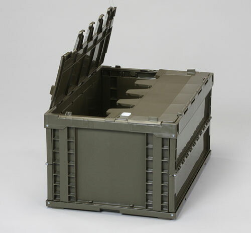 型番EA506AA-7D 商品説明●サイズ…649×439×340(H)mm●材質…ポリプロピレン●容量…75.9L●入数…1●ESCOオリジナル　人気のオリーブドラブ色（OD色）コンテナ●ふた一体型（扉ふた）タイプ●上蓋の両端にフタの開閉...