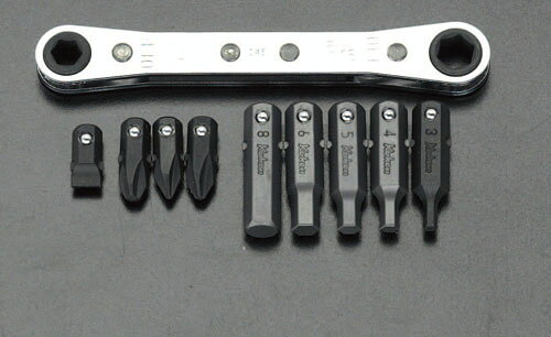 型番EA550KD 商品説明●〈セット内容〉…10点●ラチェットスパナ…1/4”hex×5/16”hex●スパナ全長…108mm●(＋)ビット…#1・#2・#3●(−)ビット…1.0×7mm●ビット六角シャンク…1/4”●ヘックスビット…3...