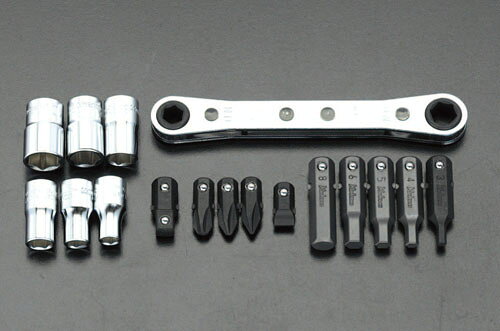 型番EA550KF 商品説明●〈セット内容〉…17点●ラチェットスパナ…1/4”hex×5/16”hex●スパナ全長…108mm●ビット六角シャンク…1/4”●(＋)ビット…#1・#2・#3●(−)ビット…1.0×7mm●六角ビット…3・4...