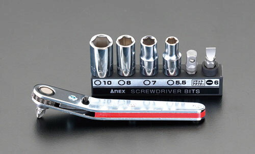 型番EA562-7 商品説明●メーカー…兼古製作所（Anex）●型番…427S●〈セット内容〉…8点●ラチェットハンドル…110mm●ビット…(＋)＃2、(−)6mm●ソケット（6角）…5.5・7・8・10mm●ソケットアダプター●六角シャ...