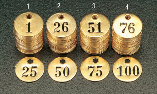 型番EA591HH-5 商品説明●材質…真鍮●穴径…4mm●直径…25mm●厚さ…1mm●重量…100g/25枚●キー管理用プレート(ホテル・倉庫・機材室等)●印字は片面のみです。●ナンバー…101〜125●入数は25枚1セット入です。 ★...
