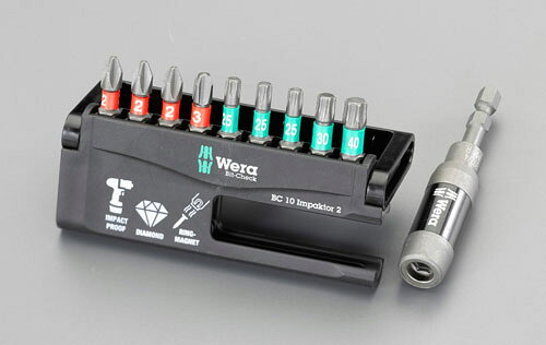 型番EA611MS-1A 商品説明●〈セット内容〉●(＋)ビット…#2(3本)・#3●TORXビット…T25(3本)・T30・T40●ビット全長…25mm●ビット先端ダイヤモンドコーティング●ビットホルダー…六角シャンク：1/4”、全長：7...
