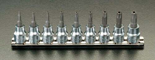 型番EA618BN 商品説明●差込角…3/8”●9個組●ソケット全長…50mm●サイズ…　T10・T15・T20・T25・T27・T30・T40・T45・T50●レール長…200mm●ホルダー付●イジリ止付 ★注意事項★商品画像に複数商品が...