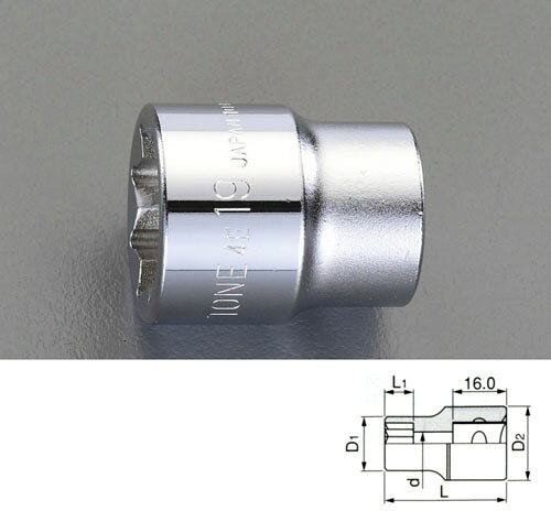 型番EA618KL-19 商品説明●メーカー…TONE●型番…4E-19●四角ボルト・ナット用(8角)●差込角…1/2インチ●対辺…19mm●サイズ…D1：32mm D2：27mm L1：14mm L(全長）：39mm d：16mm●重量…...