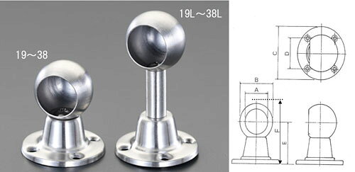 型番EA951EJ-38 商品説明●止め（エンド）用●材質…ステンレス(SUS304)●パイプ外径（A）…38mm●プレート（C）…65mm●全高（F）…77mm●サイズ(mm)…B：53、D：37.5、E：52●付属品…木ねじ（3.5×2...