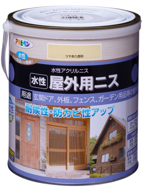 型番 商品説明水性木部塗料が塗装された木材に上塗りすることで、ツヤありに仕上がる屋外用ニスです。木材に塗装することで、木材の変色を防いだり、木材の耐久性が向上します。水性なのでニオイが少なく、取扱いが簡単です。玄関ドア、外板、フェンス、ガー...
