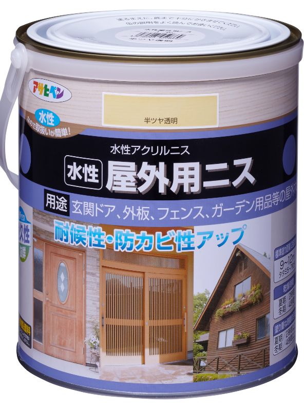 型番 商品説明水性木部塗料が塗装された木材に上塗りすることで、ツヤありに仕上がる屋外用ニスです。木材に塗装することで、木材の変色を防いだり、木材の耐久性が向上します。水性なのでニオイが少なく、取扱いが簡単です。玄関ドア、外板、フェンス、ガー...
