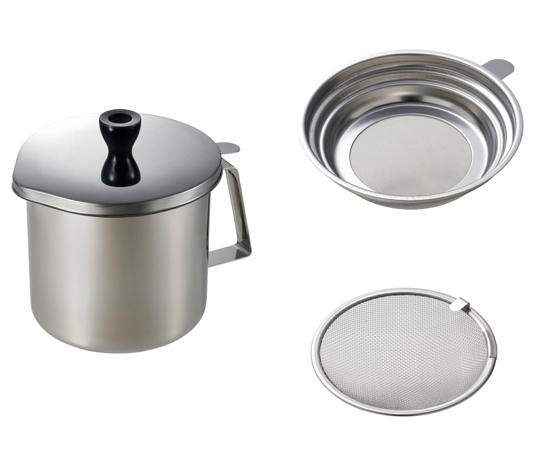 JANコード4962817264166 キャッチコピー●ものづくりの街「燕三条」の製菓器具。 商品情報●オイルポット。 仕様●材質：金属部：ステンレススチール網部：18-8ステンレススチール樹脂部：フェノール樹脂●二重フィルター付き