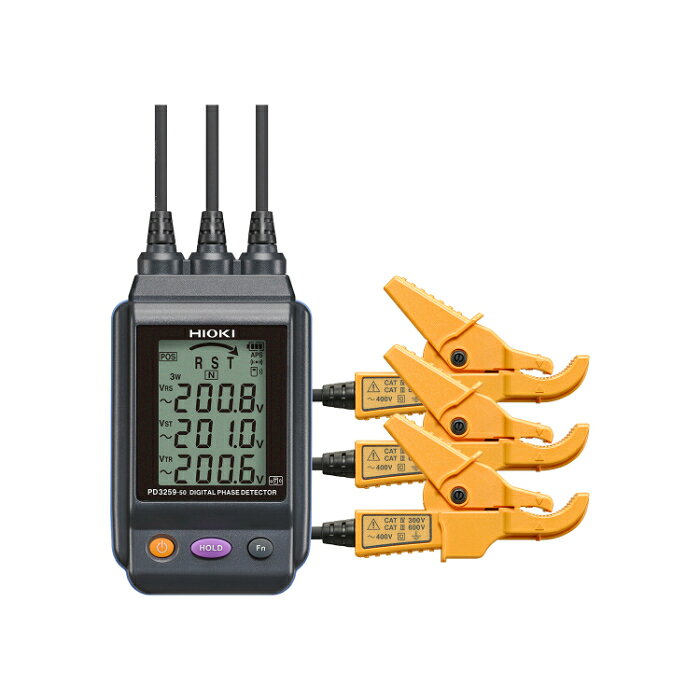 型番PD3259-50 商品説明【特長】 被覆電線を挟むだけで、素早く三相電源の確認・検査完了 ワイヤレス化に対応。スマホタブレットに測定値を転送可能（ワイヤレスアダプタZ3210装着時） 無償アプリ GENNECT Crossで不平衡率・...