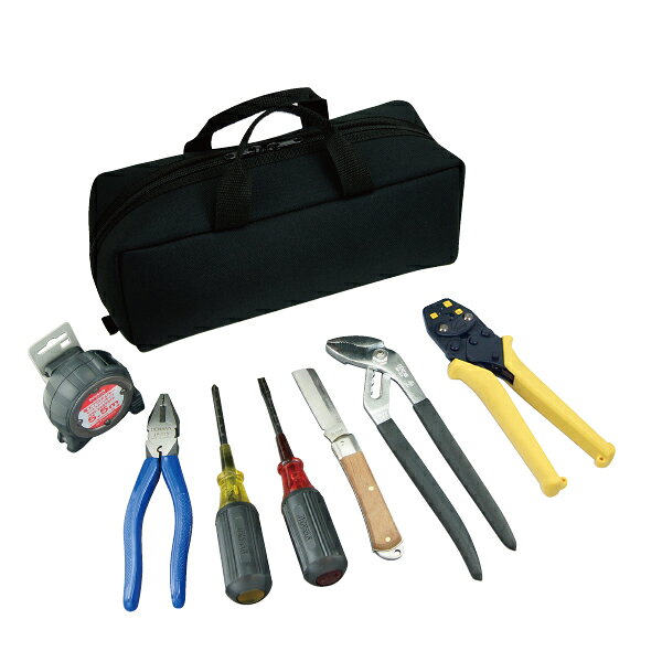 型番D-KIT-F 商品説明【特長】 1種2種 技能試験に必要な工具をワンセット [キットF] コンパクトで使いやすいソフトな新型キャリングケース付 セット内容 電工プロペンチ JP-175 ミニ圧着工具（VAスリーブ用） DC-17MA2...