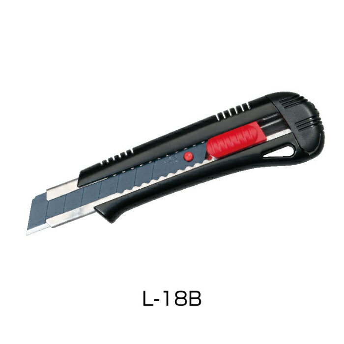 型番L-18B 商品説明【特長】 環境にやさしい万能L型カッター 本体ボディに再生樹脂（100％）使用 使いやすいオートロック式 刃折具キャップ付き GPN適合品 【仕様】 刃：鋭黒刃（L刃）0.5mm厚