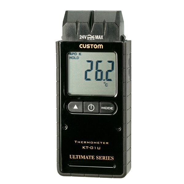 型番KT-01U 特徴【特長】 Kタイプ熱電対センサー(全18種類・別売)を接続して温度測定を行います 測定値を固定表示する「HOLD機能」付き 測定値の最大/最小値を記憶する「MAX/MINメモリ機能」付き 測定結果の平均値を表示する「A...