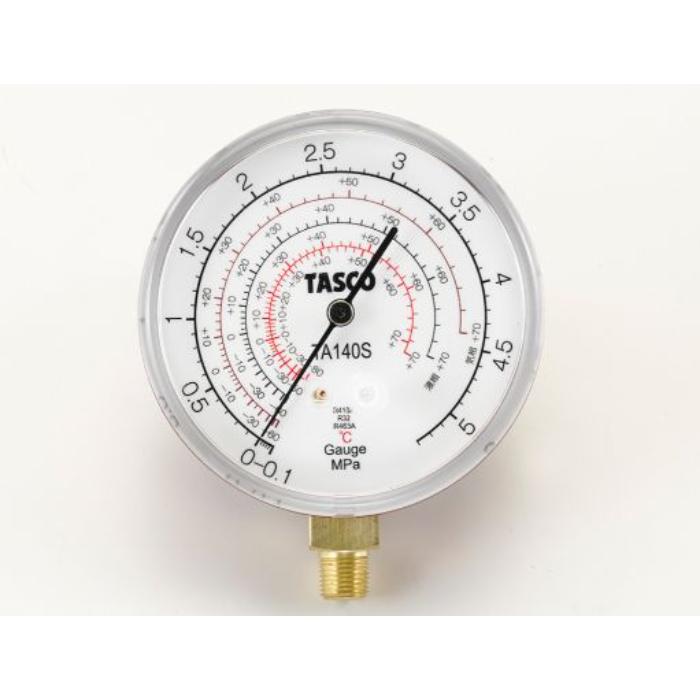 型番TA140S 商品説明【特長】 R463A-Jの液相/気相飽和温度目盛付 R410A、R32の飽和温度目盛付 振動吸収機能付 0点調整機能付 【仕様】 圧力範囲：ー0.1〜5.3MPa ゲージ外径：φ80 ゲージ取付ネジ径：1/8″NPT