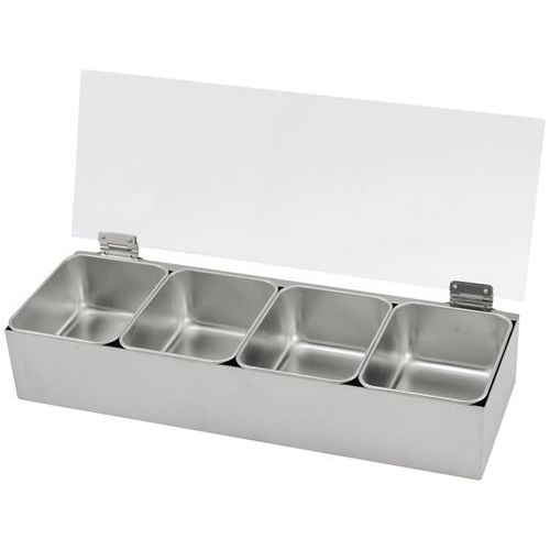 商品情報商品名：EBM 18-8 開閉式ヤクミ入 取り外し透明カバー 4ケ入（大）商品番号：aa1-6201510JANコード：4548170235281サイズ：430×163×高さ92（mm）重量：2800g材質：18-8ステンレスポイン...