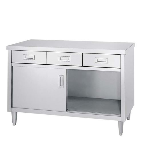 商品情報商品名：キャビネット作業台 ED型(片面／引出・ステンレス戸)ED－15045メーカー型番：4353830JANコード：-入り数：1サイズ(外寸mm)：1500×450×H800サイズ(内寸mm)：-重量：55kg材質：天板・本体・...