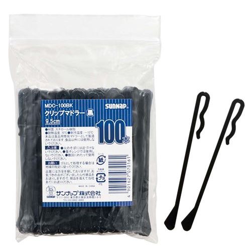商品情報商品名：クリップマドラー MDC－100(100本入)ブラックメーカー型番：4370380JANコード：4901627070161入り数：1サイズ(外寸mm)：95サイズ(内寸mm)：-重量：-材質：ポリスチレン配送料について【ご注...